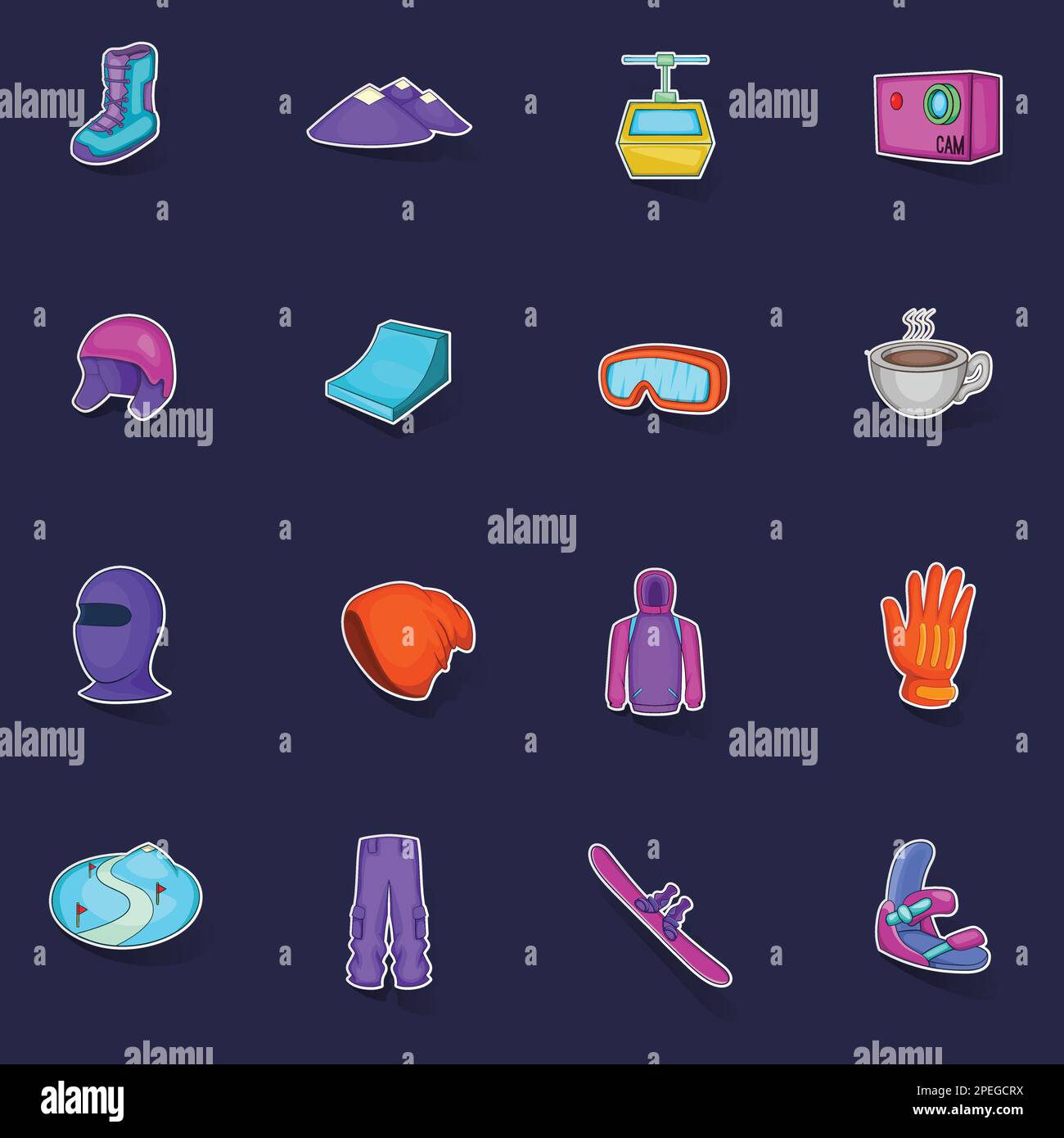 Snowboarding icons set stikers collection vector with shadow on purple ...