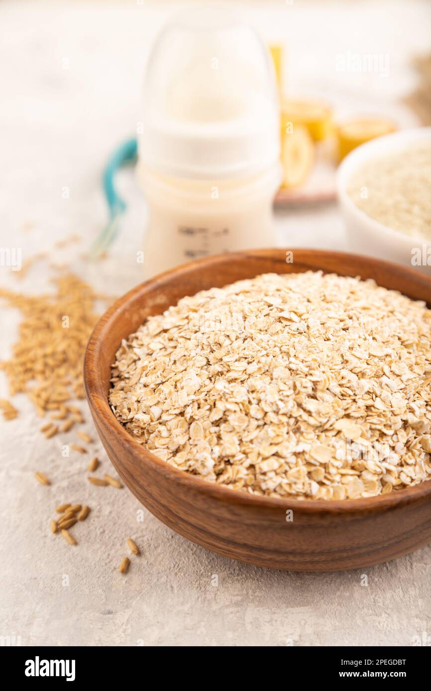 Powdered milk and oatmeal, banana baby food mix, infant formula ...