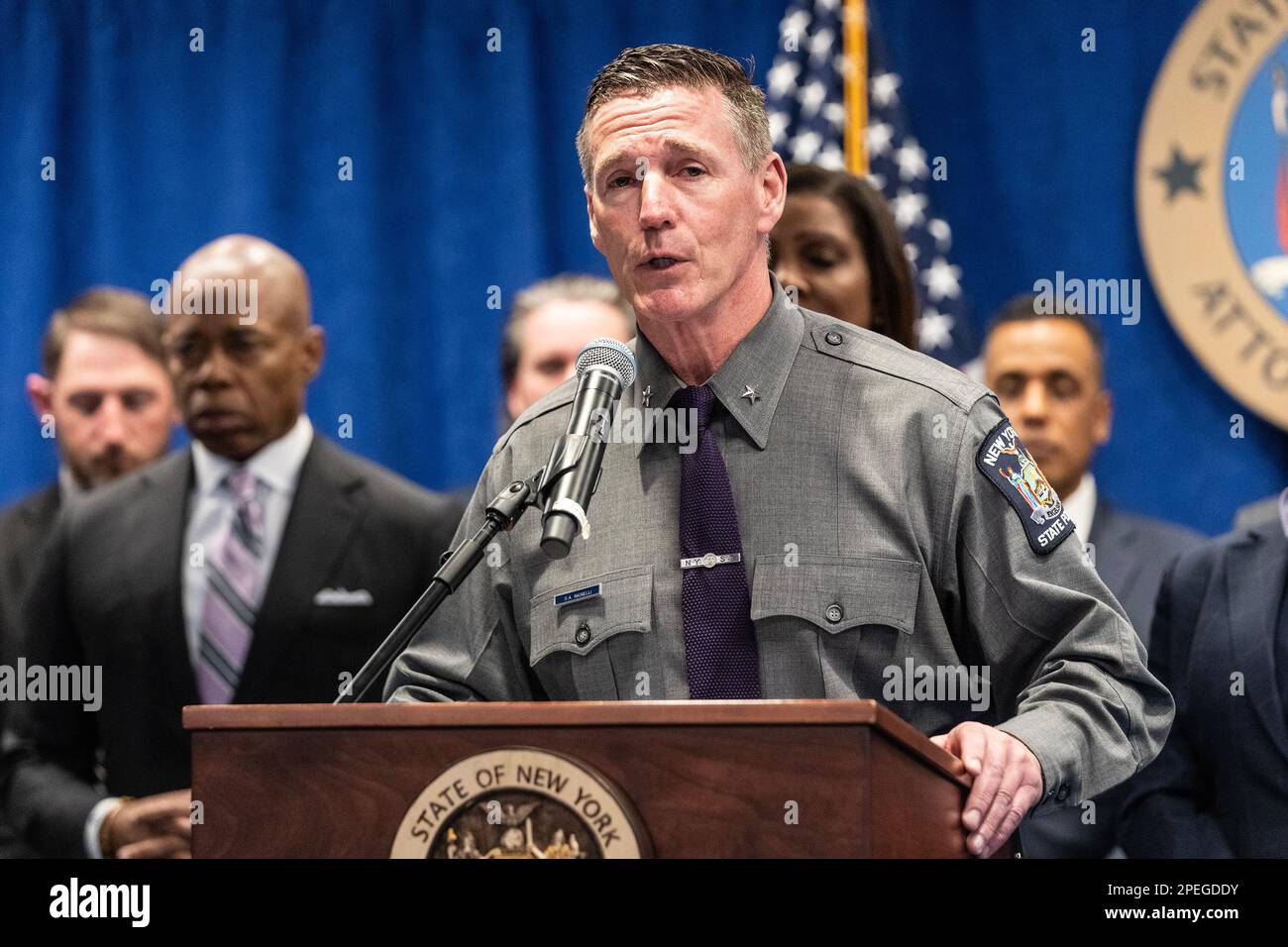 State Police Acting Superintendent Steven Nigrelli speaks at AG Letitia ...