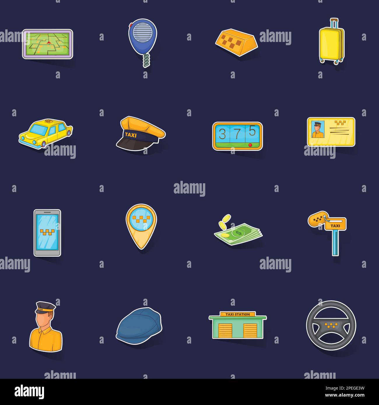 Taxi icons set stikers collection vector with shadow on purple ...