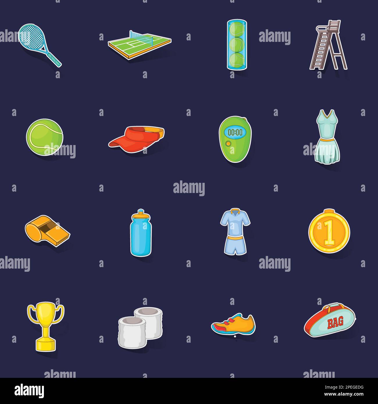 Tennis icons set stikers collection vector with shadow on purple ...