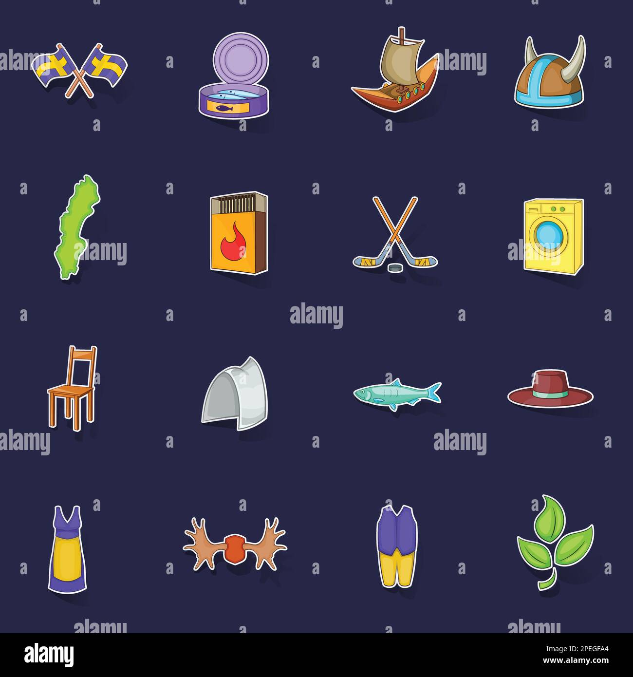 Sweden icons set stikers collection vector with shadow on purple ...