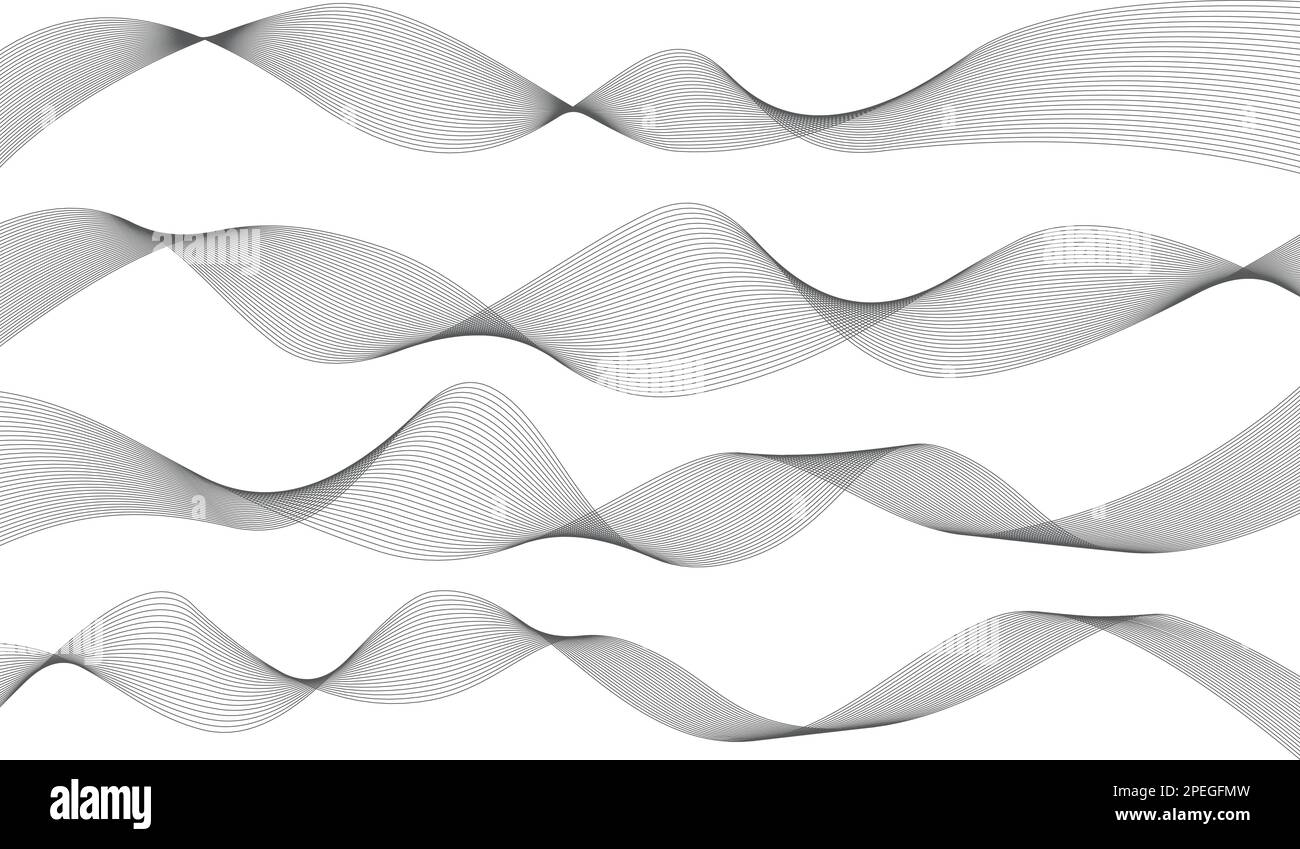 Abstract wavy lines on white background. Flow curve blend texture. Audio frequency grey stripes ...