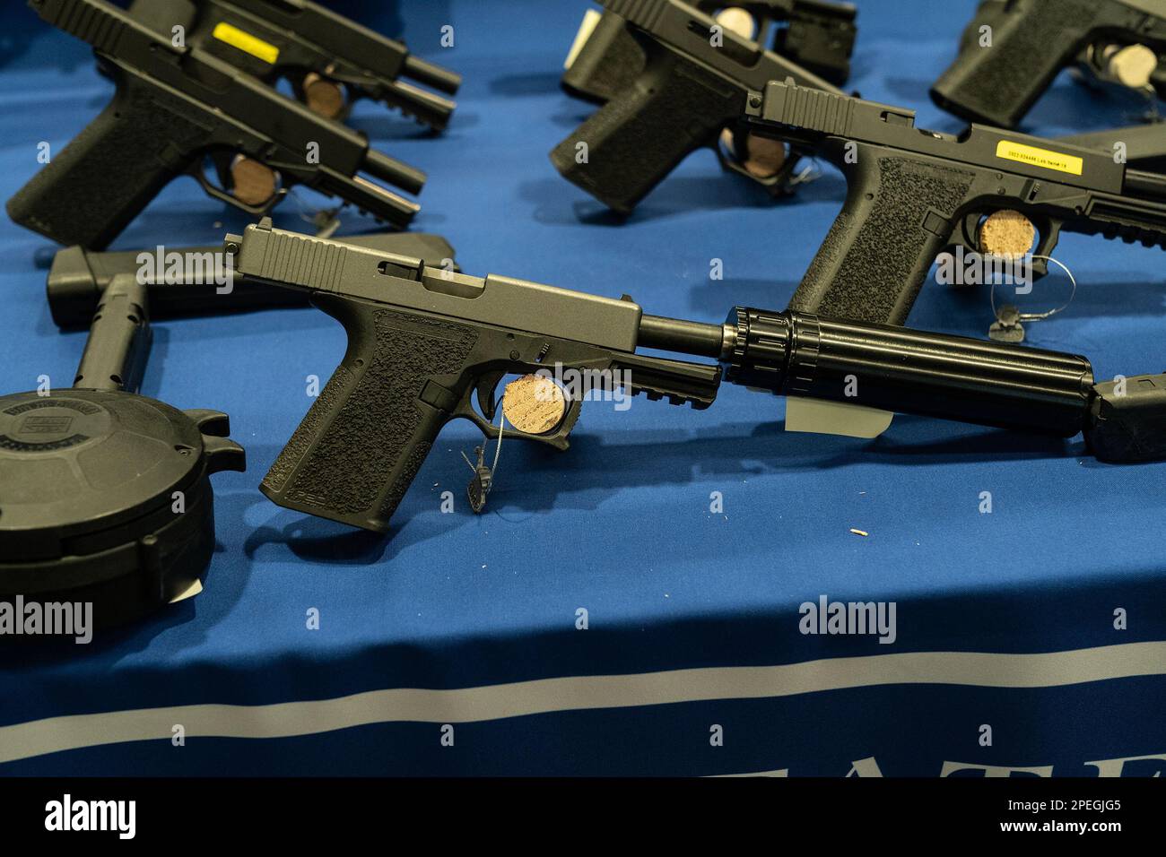 Confiscated guns on display at AG Letitia James announcement that ...