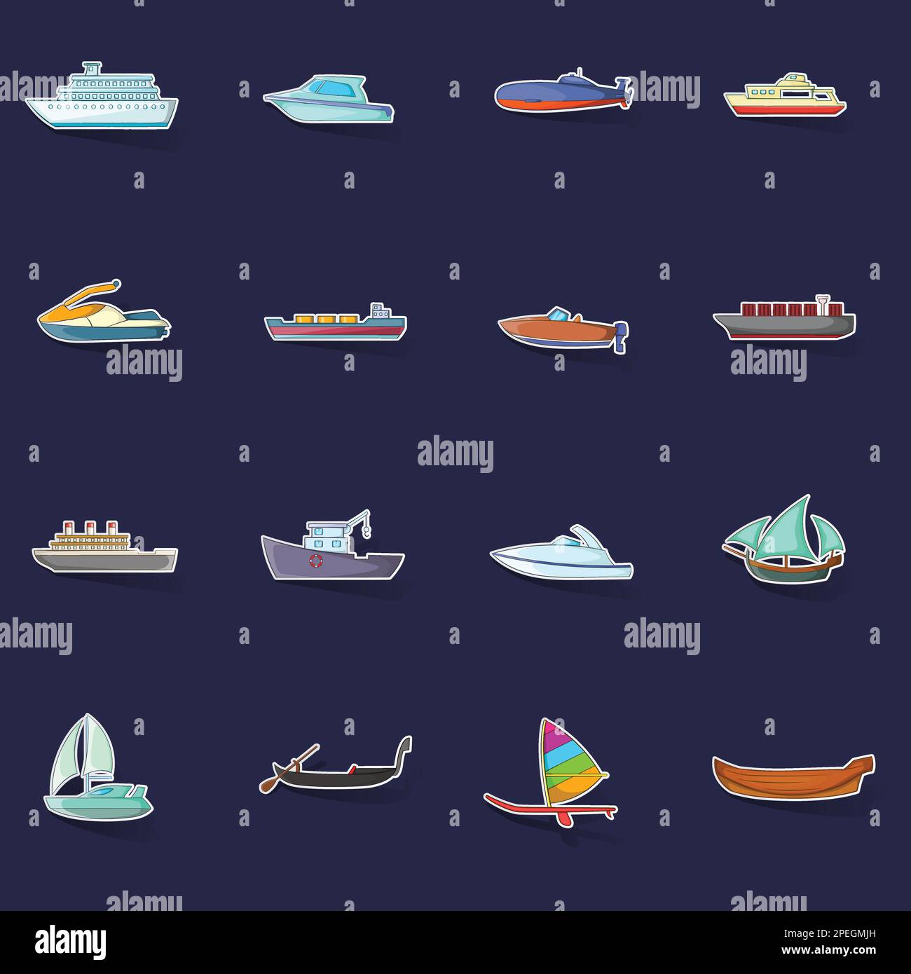 Ship and boat icons set stikers collection vector with shadow on purple ...