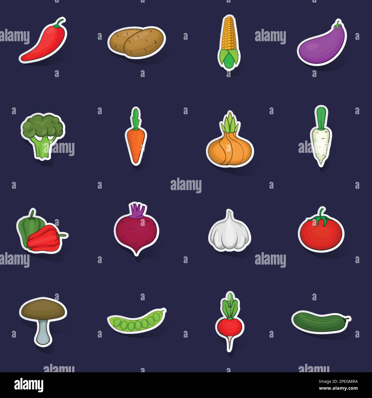Vegetables icons set stikers collection vector with shadow on purple ...