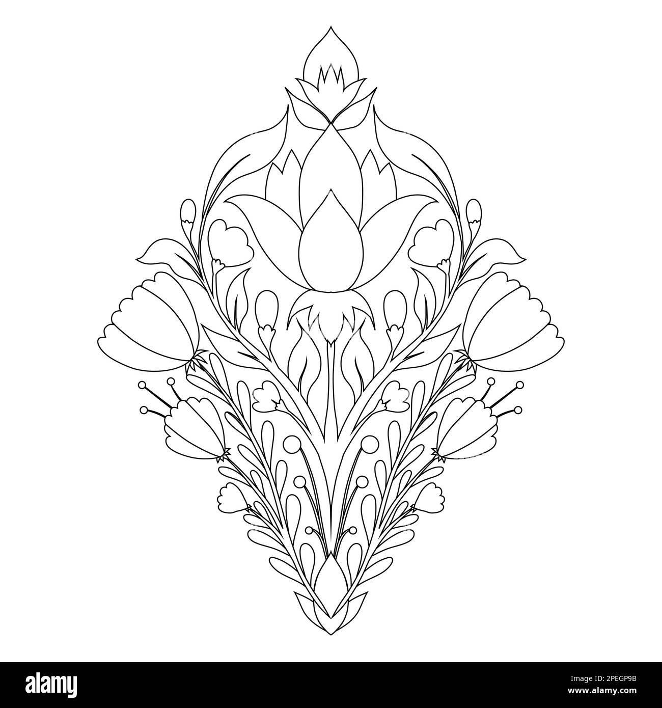 Vector contour folk art illustration with floral rhombus composition on ...