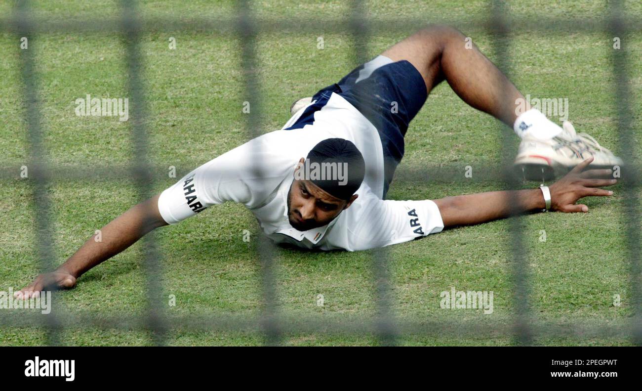 Indias Harbhajan Singh stretches during a practice session at the M.A ...