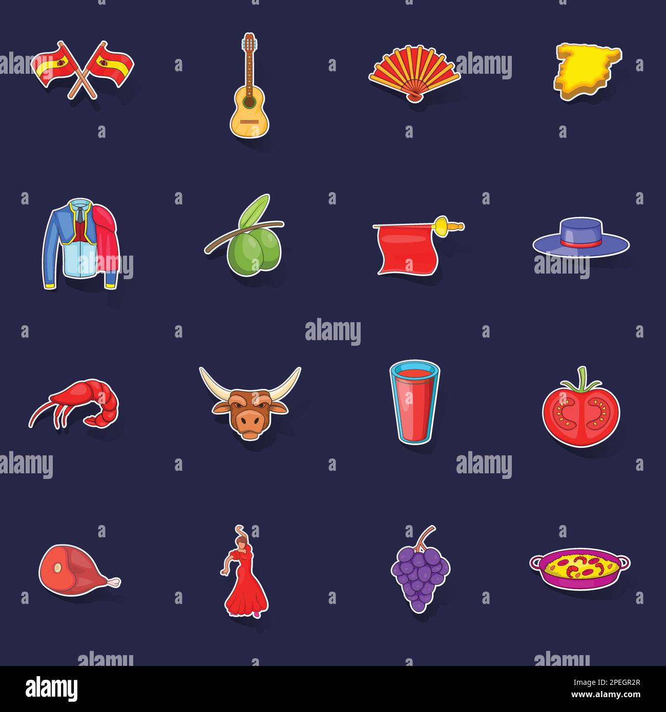 Spain icons set stikers collection vector with shadow on purple ...
