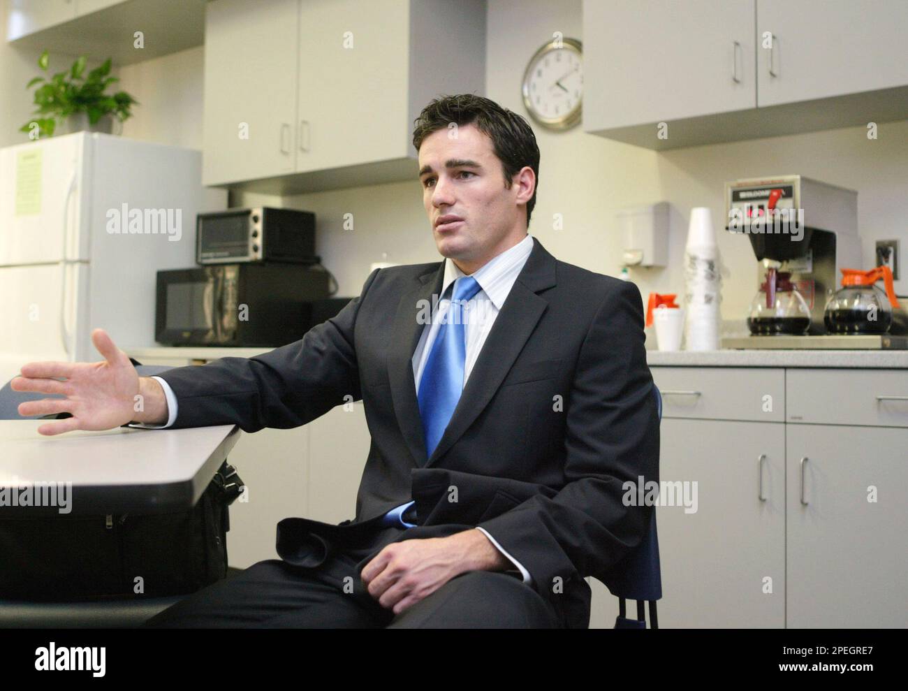 Ryan Hawks talks during an interview with the Associated Press at the ...