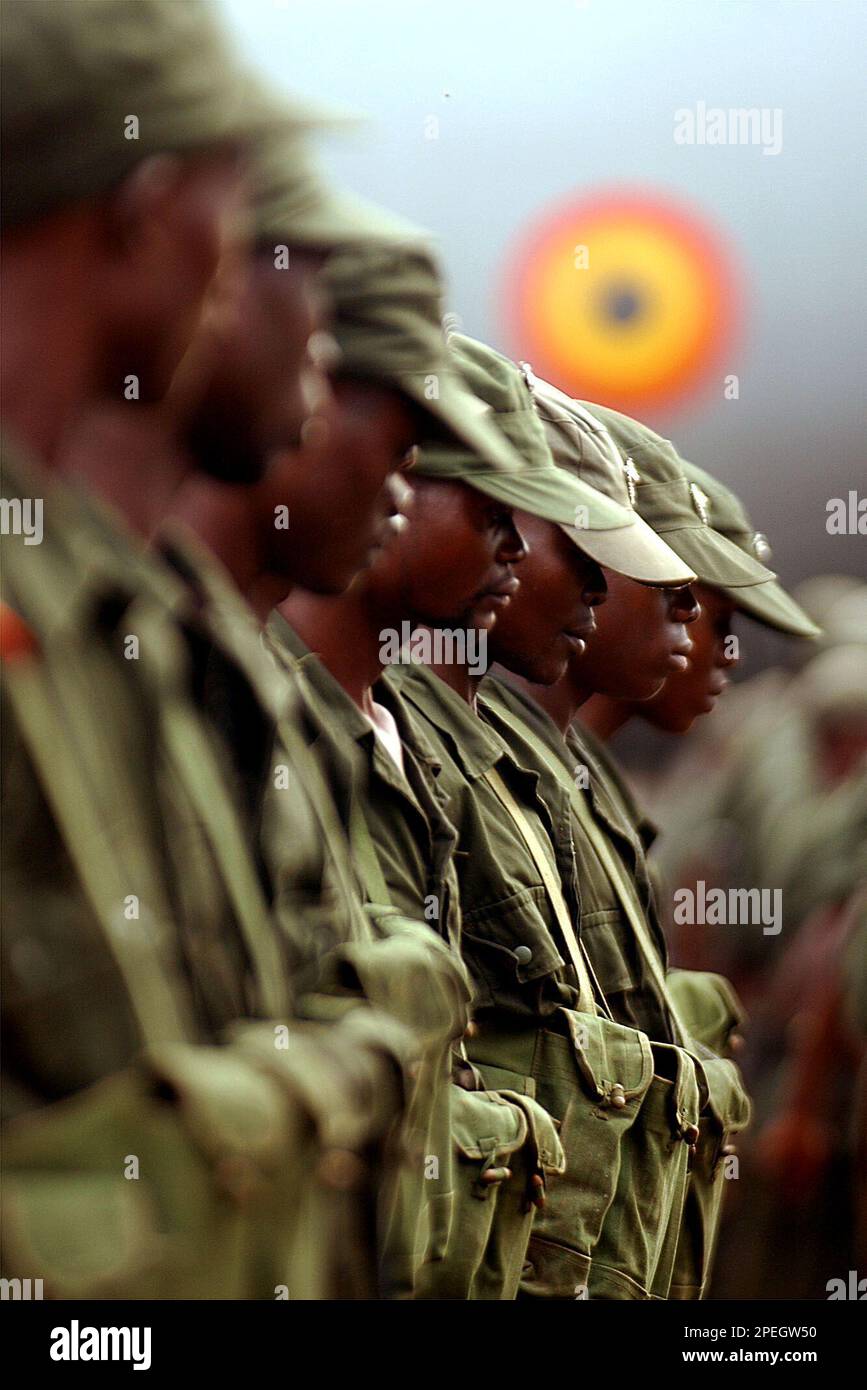 Congolese FAC (Force Armees Congolais) soldiers stand in line in front ...