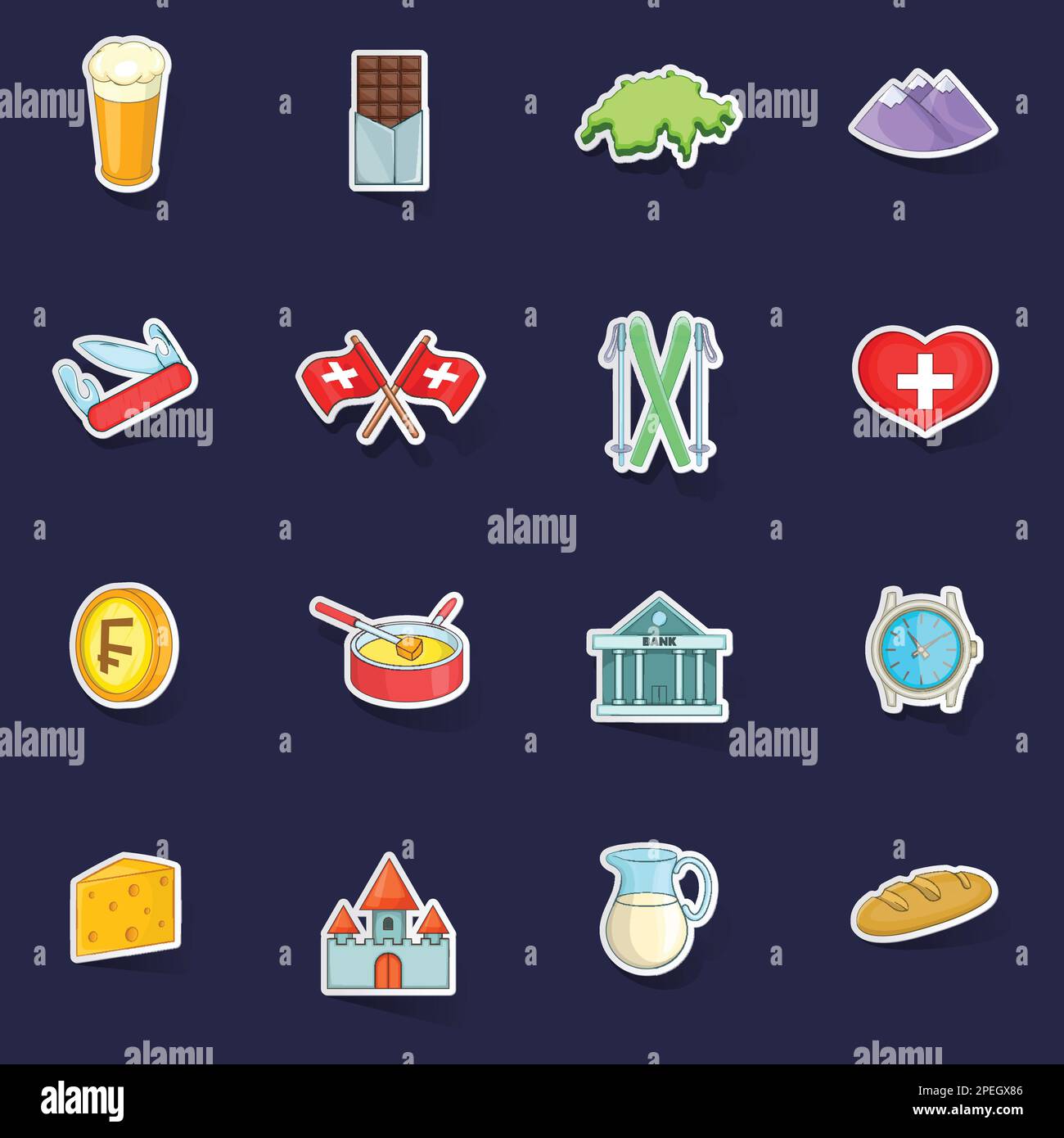 Switzerland travel icons set stikers collection vector with shadow on ...