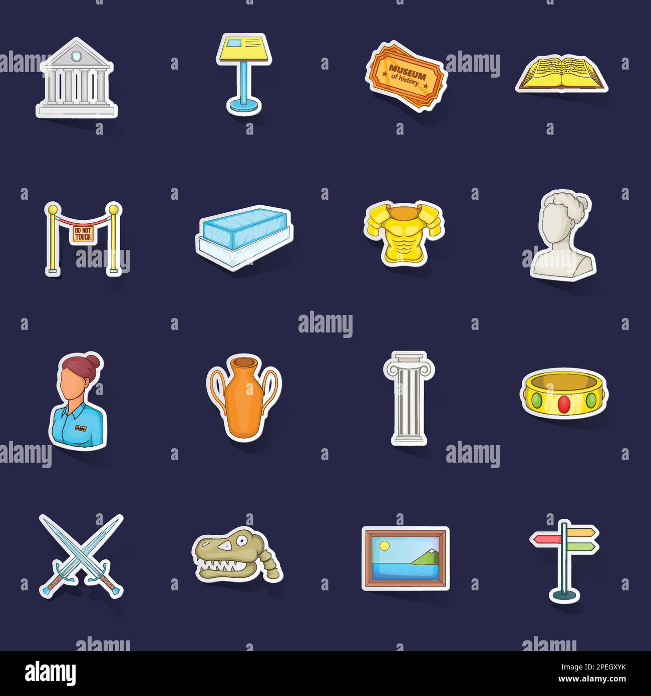 Museum icons set stikers collection vector with shadow on purple ...