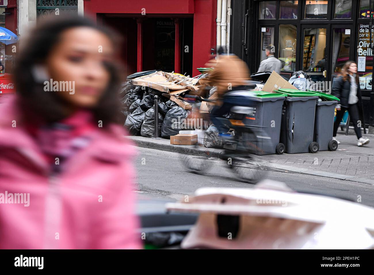 Illustration picture shows full bins on March 15, 2023 in Paris, France. A strike by waste ...