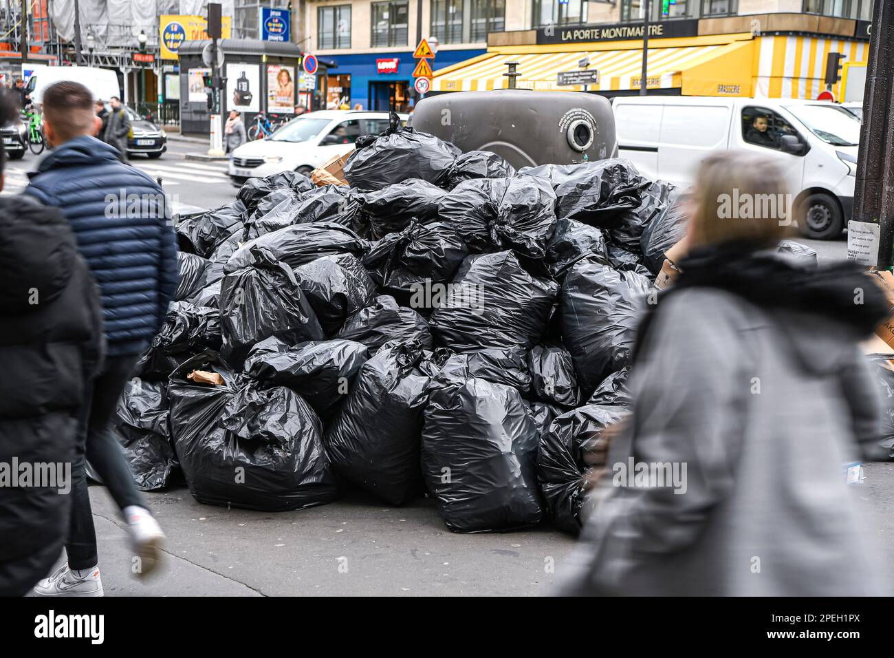 Illustration picture shows full bins on March 15, 2023 in Paris, France. A strike by waste ...