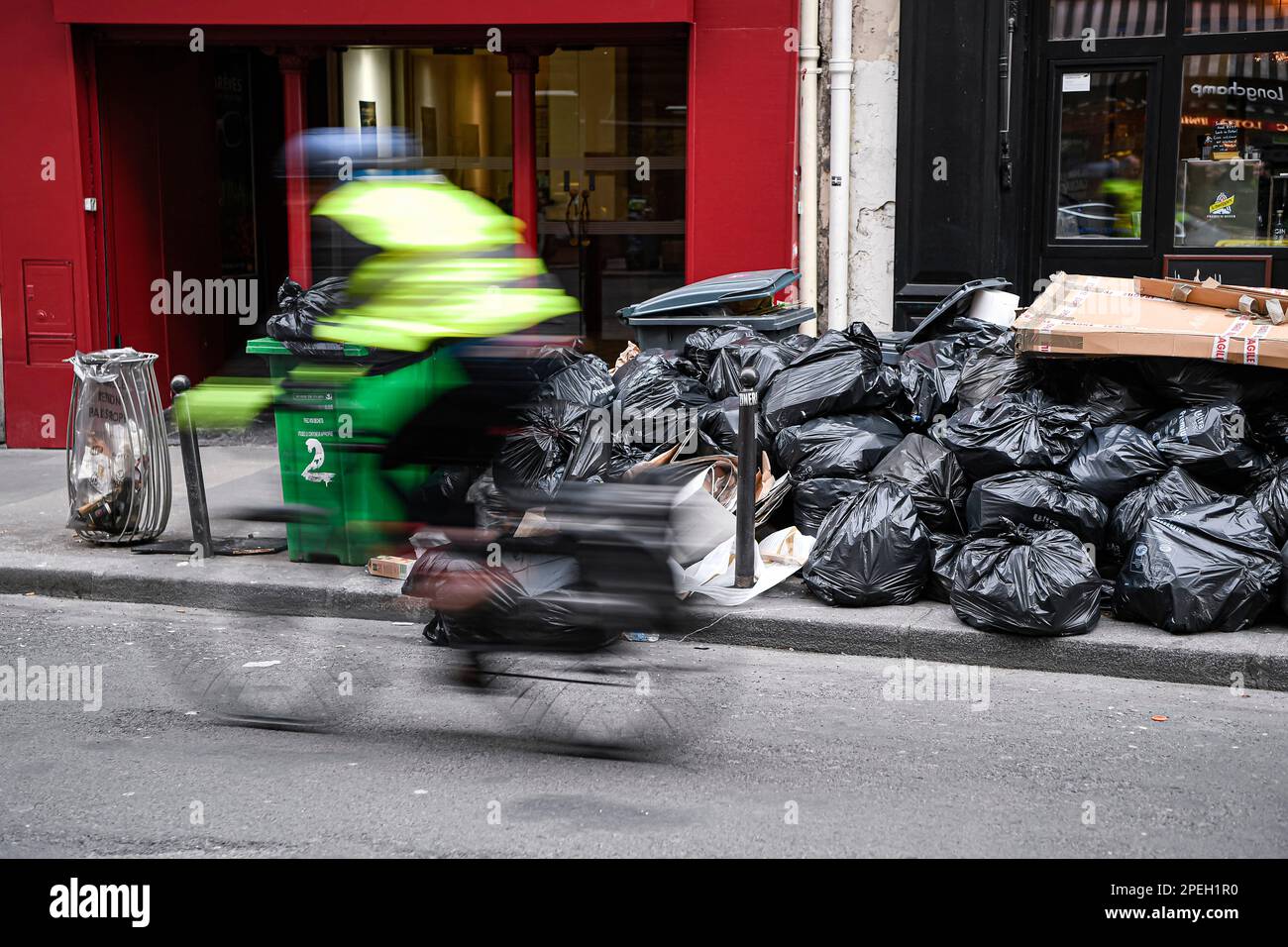 Illustration picture shows full bins on March 15, 2023 in Paris, France. A strike by waste ...