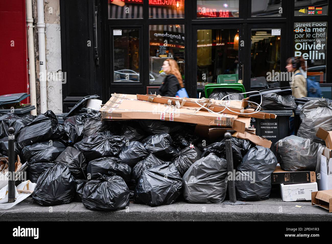 Illustration picture shows full bins on March 15, 2023 in Paris, France. A strike by waste ...