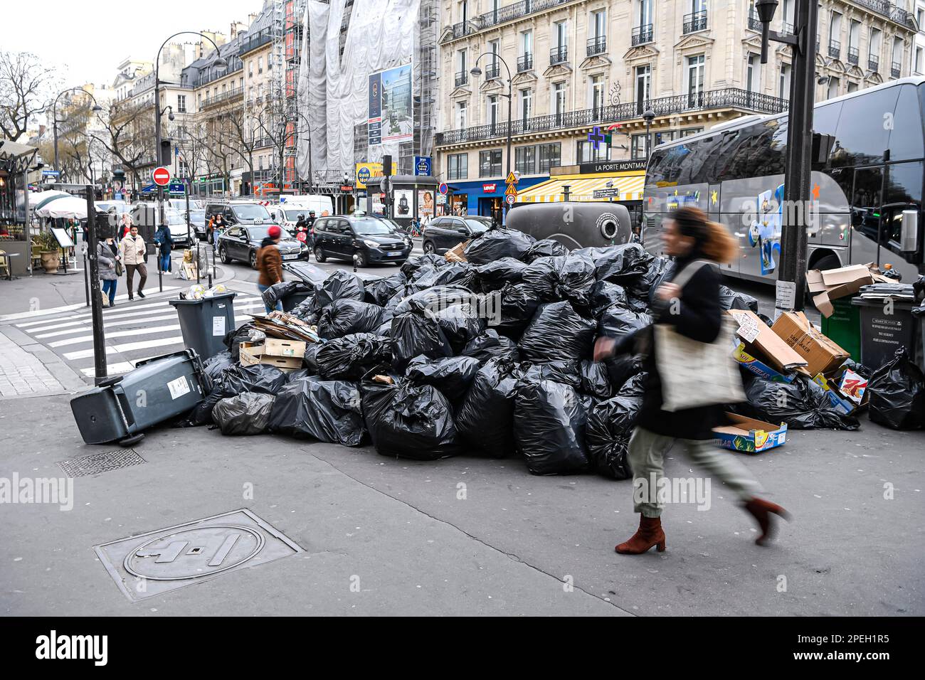 Illustration picture shows full bins on March 15, 2023 in Paris, France. A strike by waste ...
