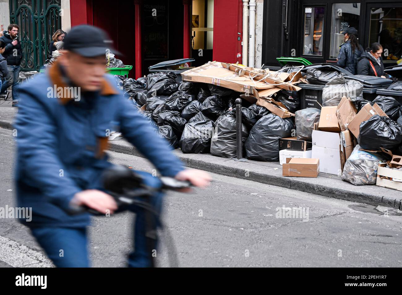 Illustration picture shows full bins on March 15, 2023 in Paris, France. A strike by waste ...