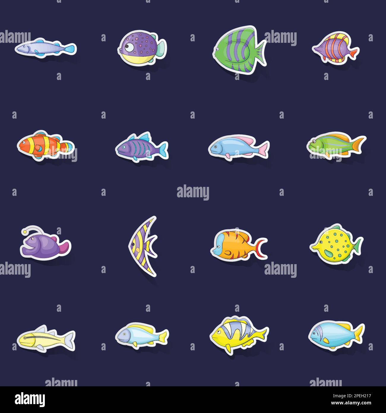 Different fish icons set stikers collection vector with shadow on ...