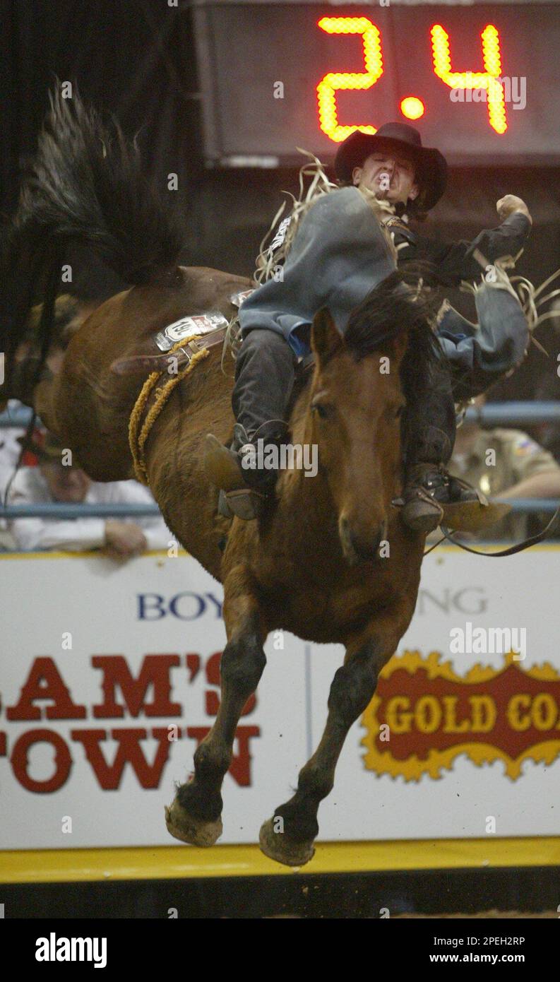 Cinnamon Gerke, of Brighton, Colo., rides Smokeless Sheep Tick to a ...