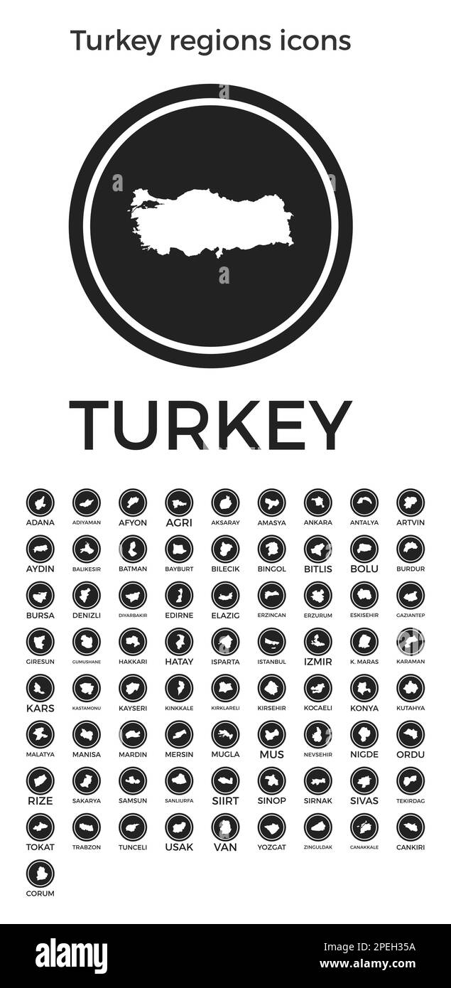 Turkey regions icons. Black round logos with country regions maps and ...