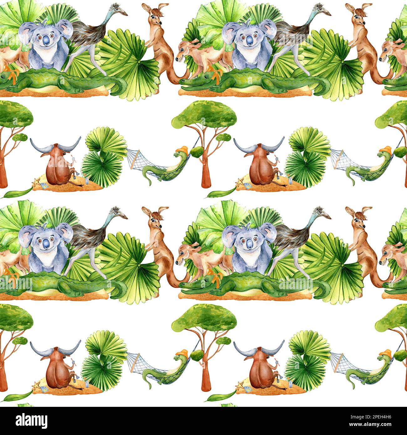 Seamless pattern of cartoon animals watercolor isolated on white. Cute ...