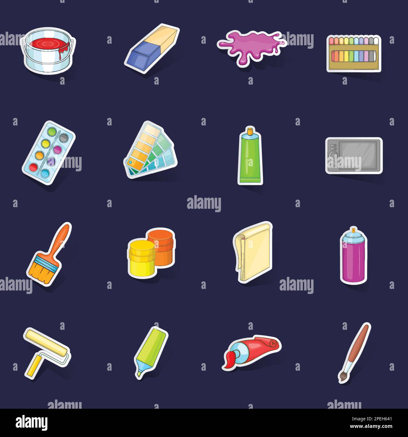 Painter tools icons set stikers collection vector with shadow on purple ...