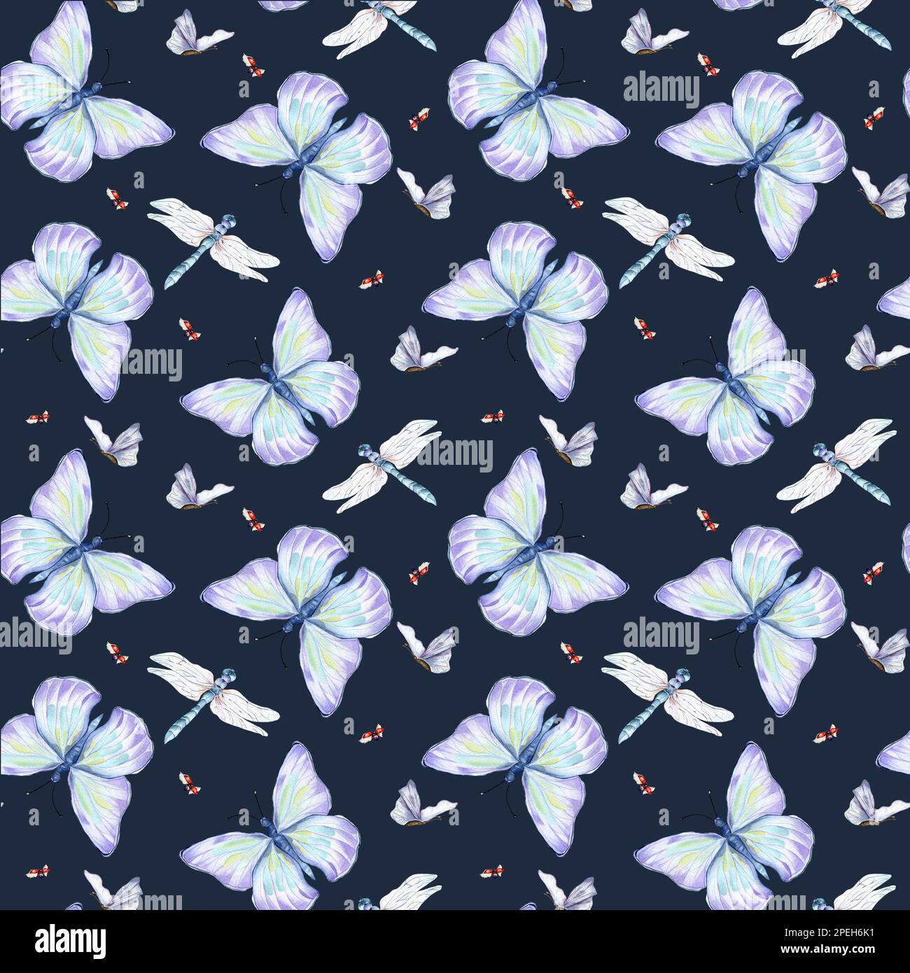 Blue butterflies, dragonflies and ladybugs watercolor seamless pattern ...