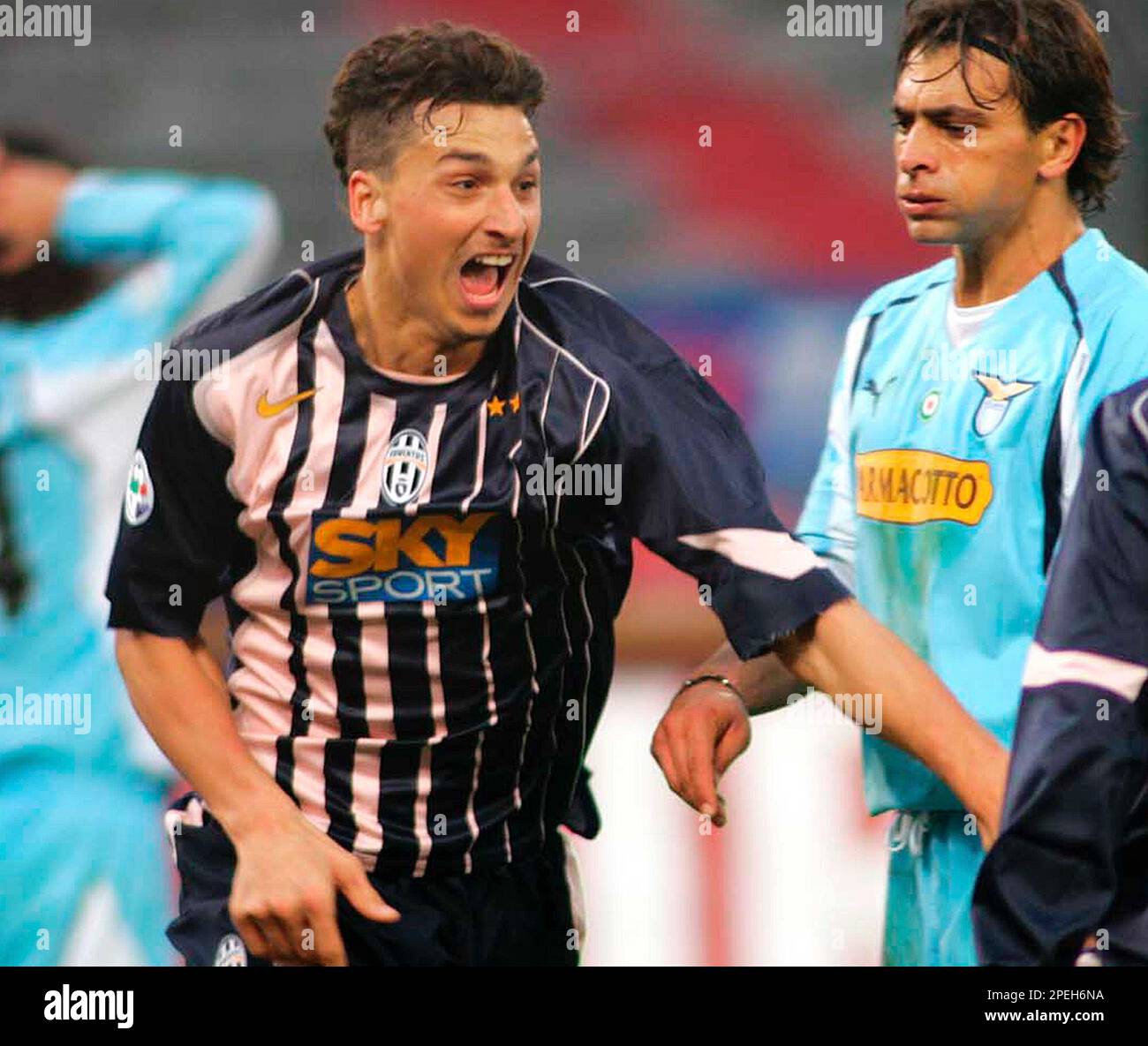 Juventus' Zlatan Ibrahimovic, left,of Sweden ,celebrates after scoring ...