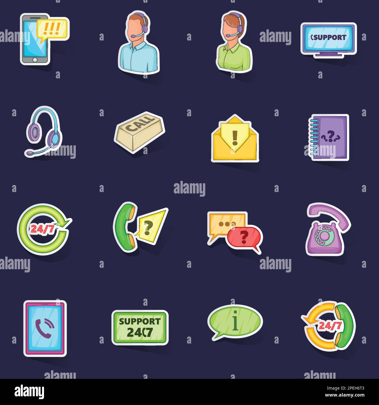 Call center icons set stikers collection vector with shadow on purple ...