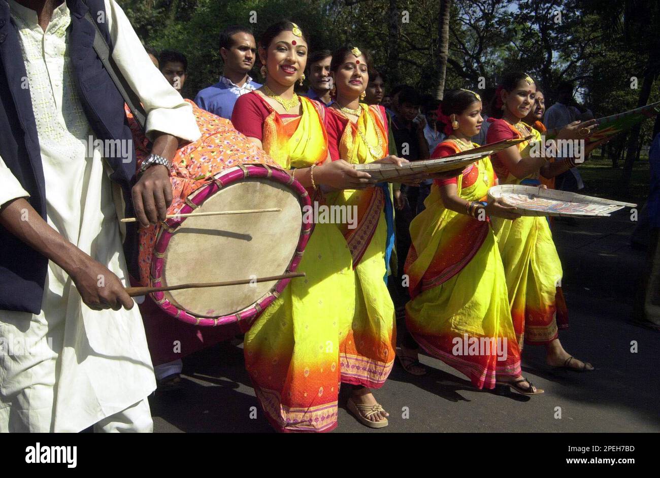 Bangladeshi girls dance during the Nabanna festival in Dhaka ...