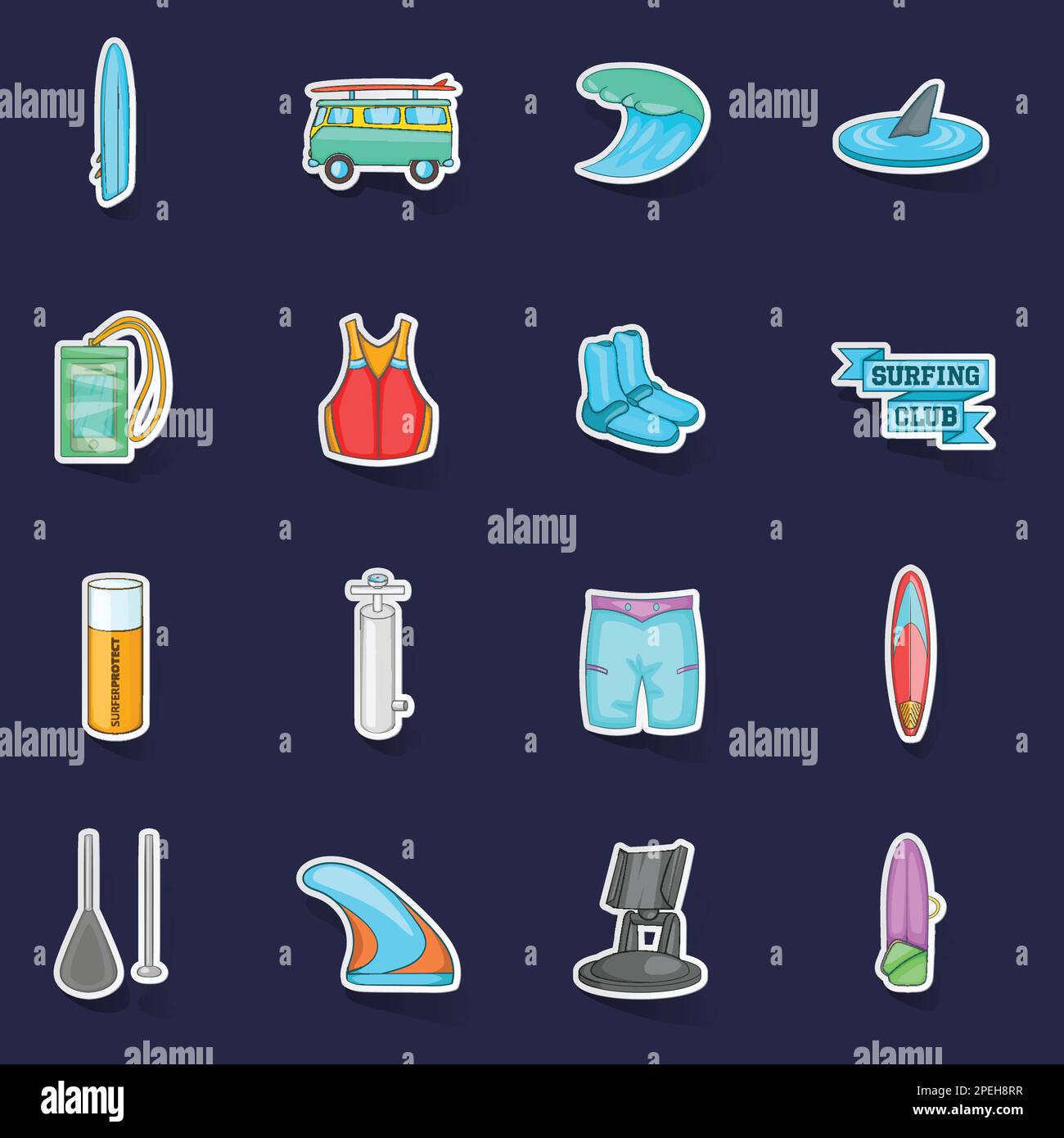 Surfing icons set stikers collection vector with shadow on purple ...