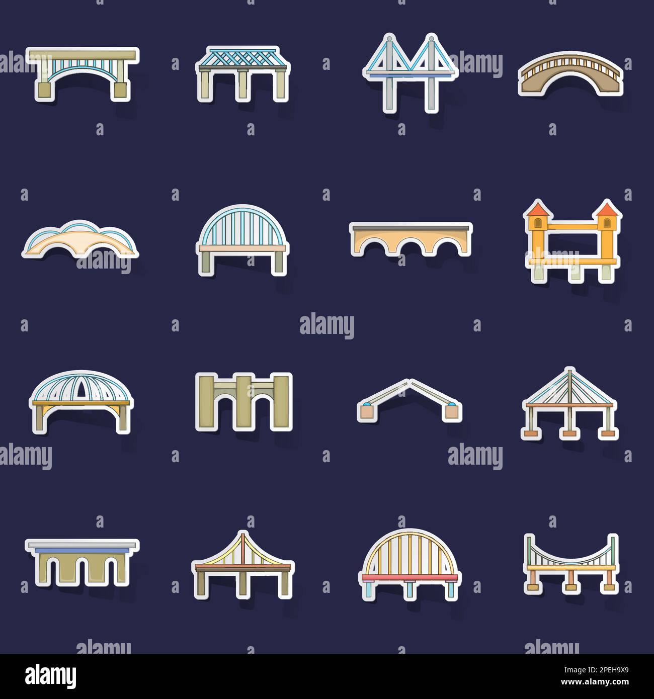 Bridge construction icons set stikers collection vector with shadow on ...
