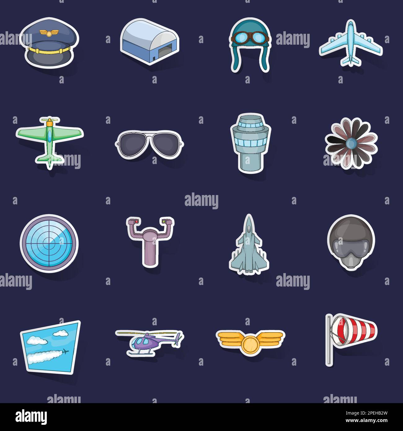 Aviation icons set stikers collection vector with shadow on purple ...