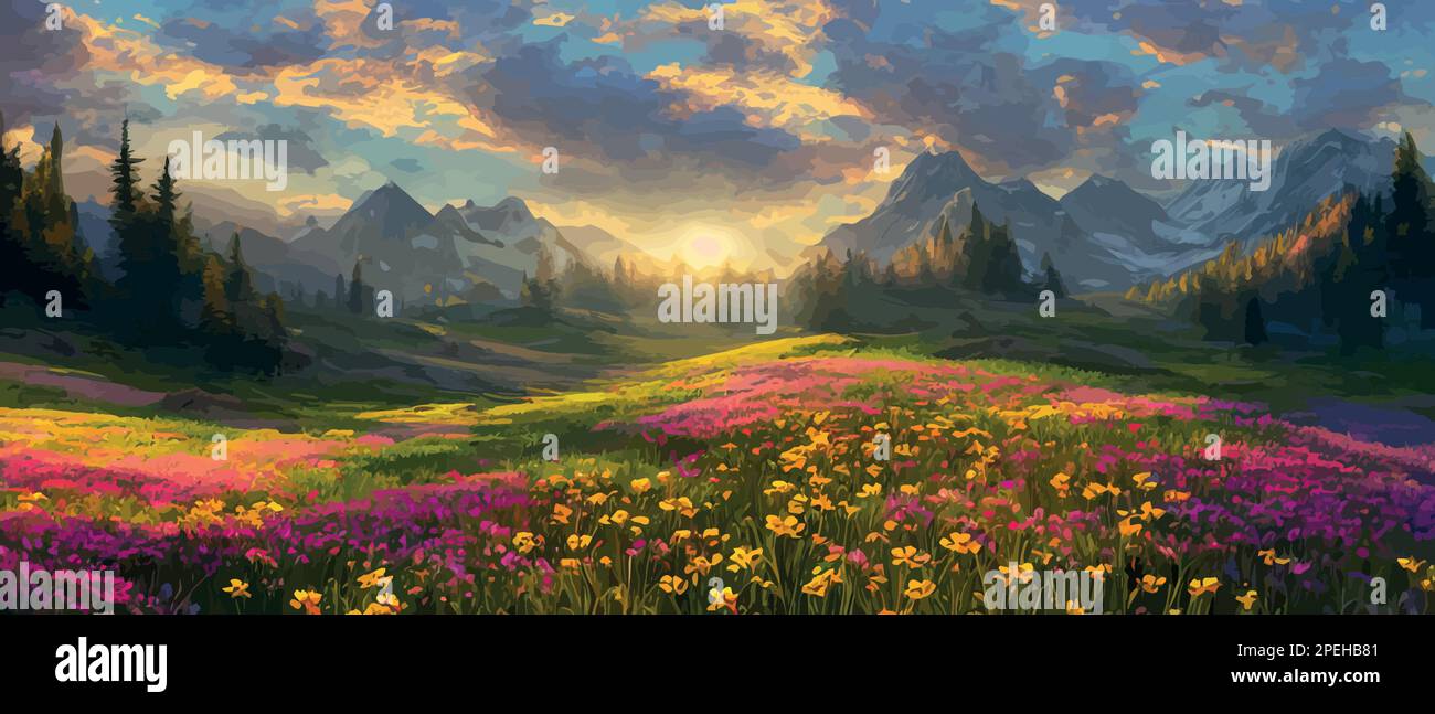 Panorama View of Spring Village with Green Meadow on Hills with Blue ...