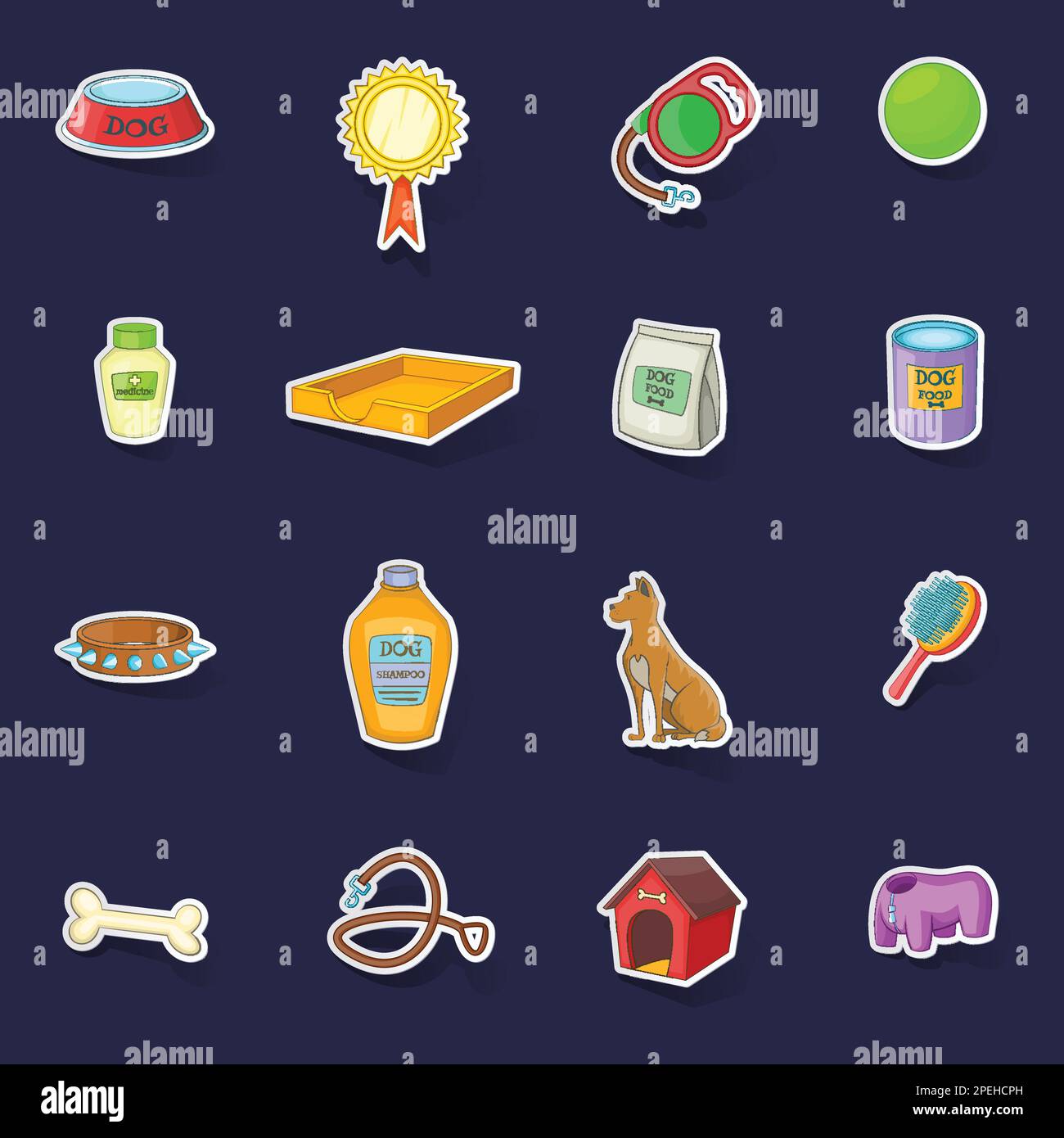 Dog care icons set stikers collection vector with shadow on purple ...