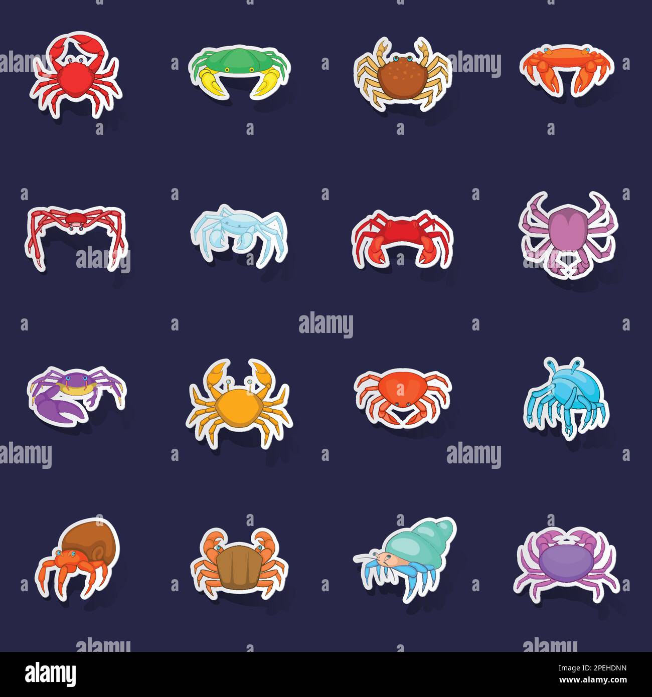 Colorful crab icons set stikers collection vector with shadow on purple ...