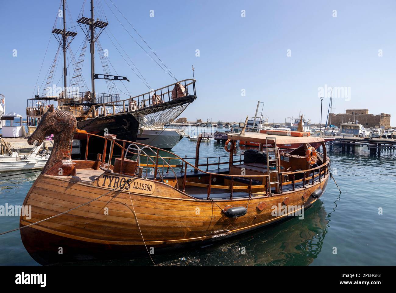 May 23, 2022, Paphos, Cyprus: Waterfront and boats in the harbor. Nea ...