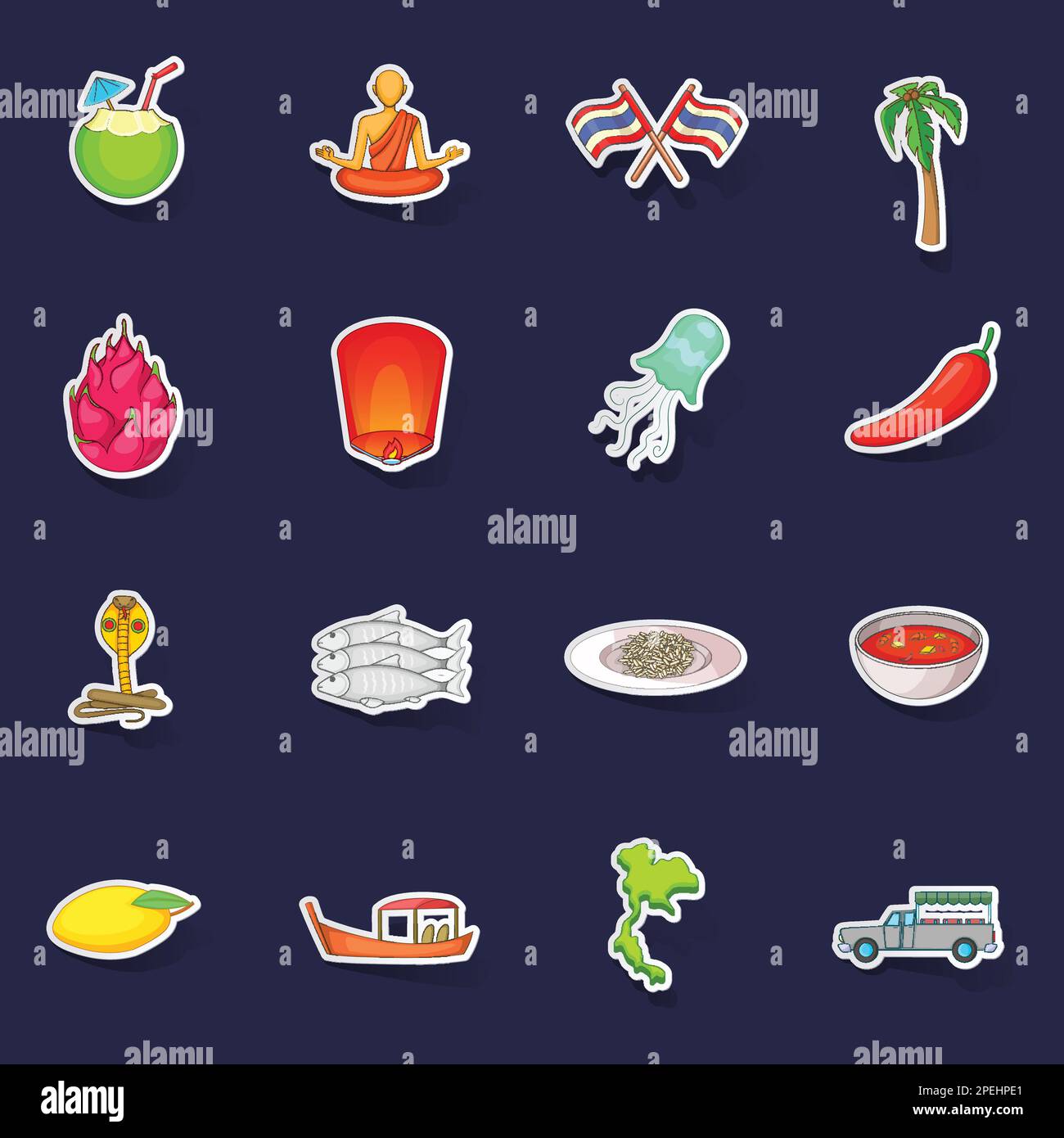 Thailand symbols icons set stikers collection vector with shadow on ...