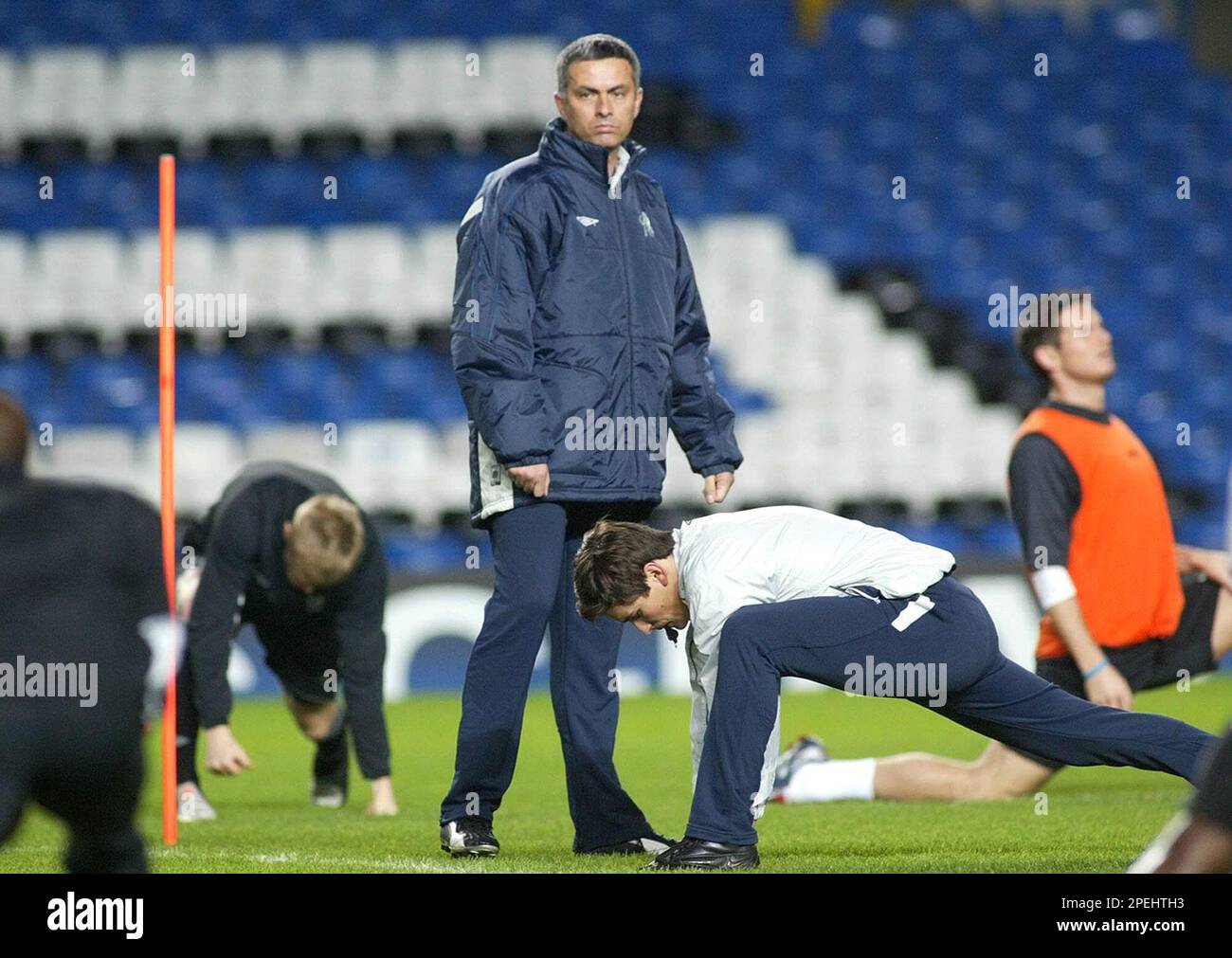 Chelsea FC head coach Jose Mourinho, center, during a training session ...