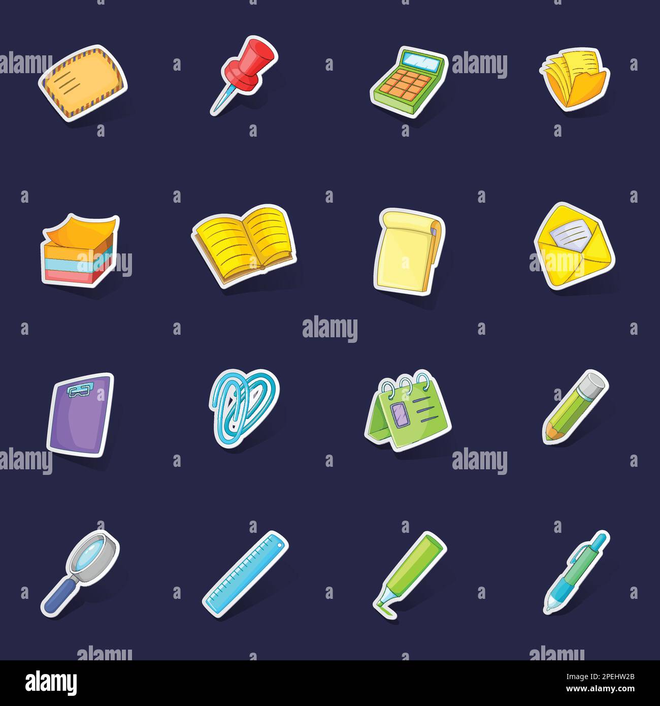 Stationery icons set stikers collection vector with shadow on purple ...