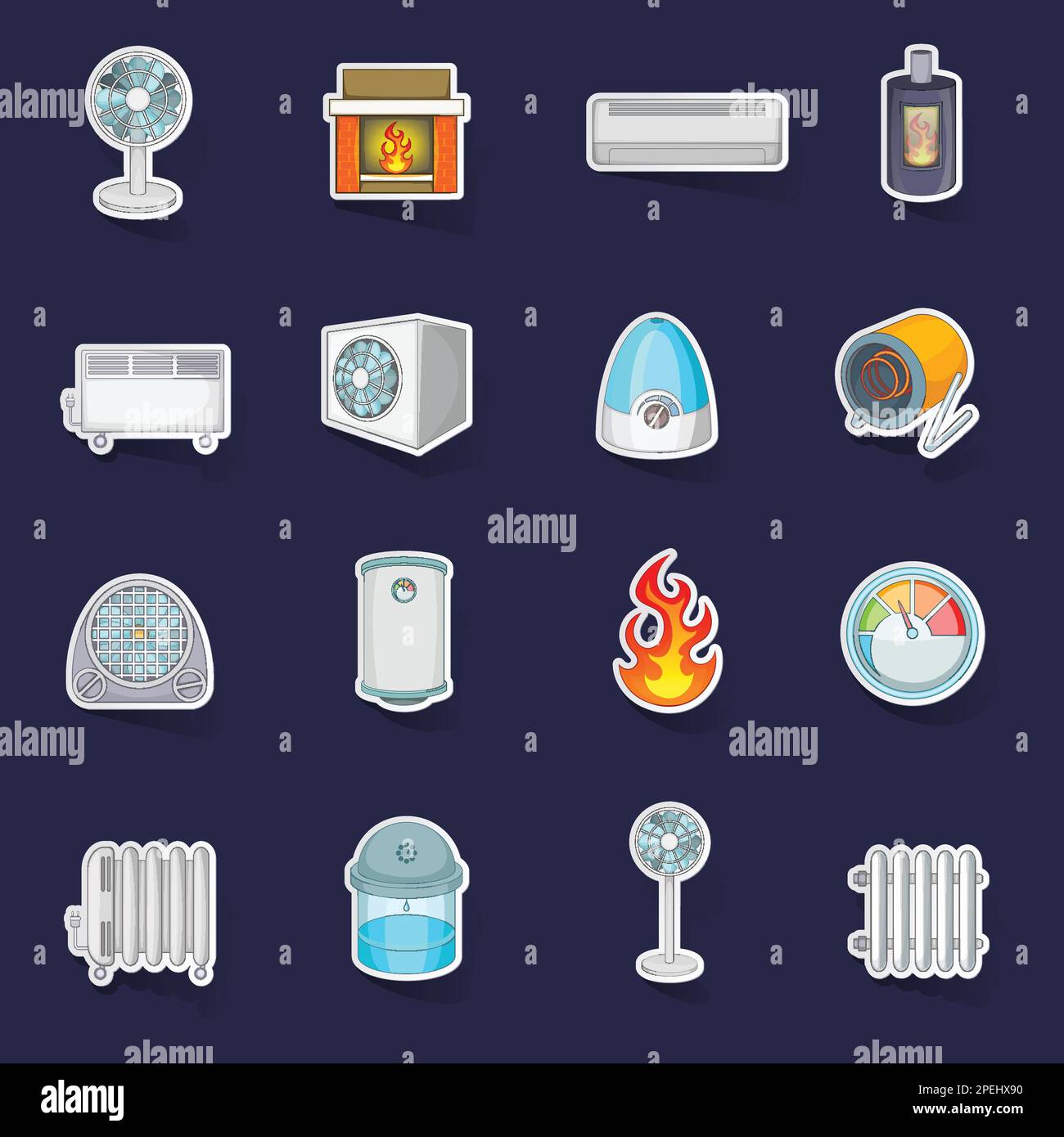 Heating cooling icons set stikers collection vector with shadow on ...