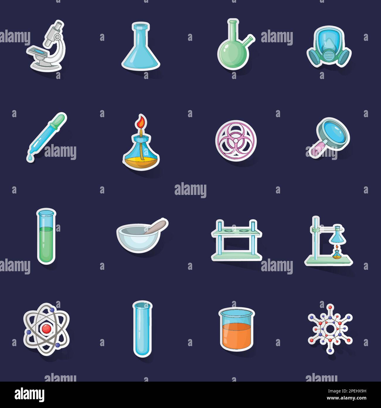 Chemical lab icons set stikers collection vector with shadow on purple ...