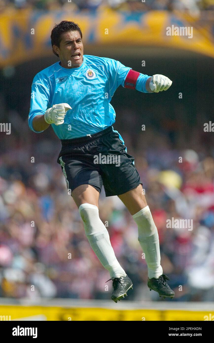 Guadalajara's goalie Oswaldo Sanchez celebrates afeter their team ...