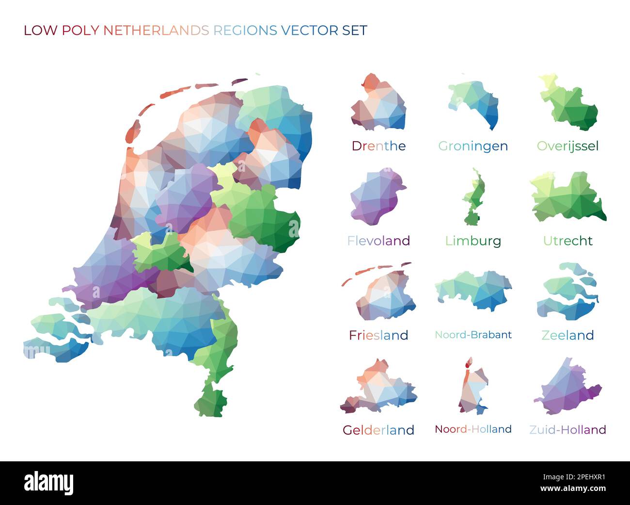 Dutch low poly regions. Polygonal map of the Netherlands with regions. Geometric maps for your ...