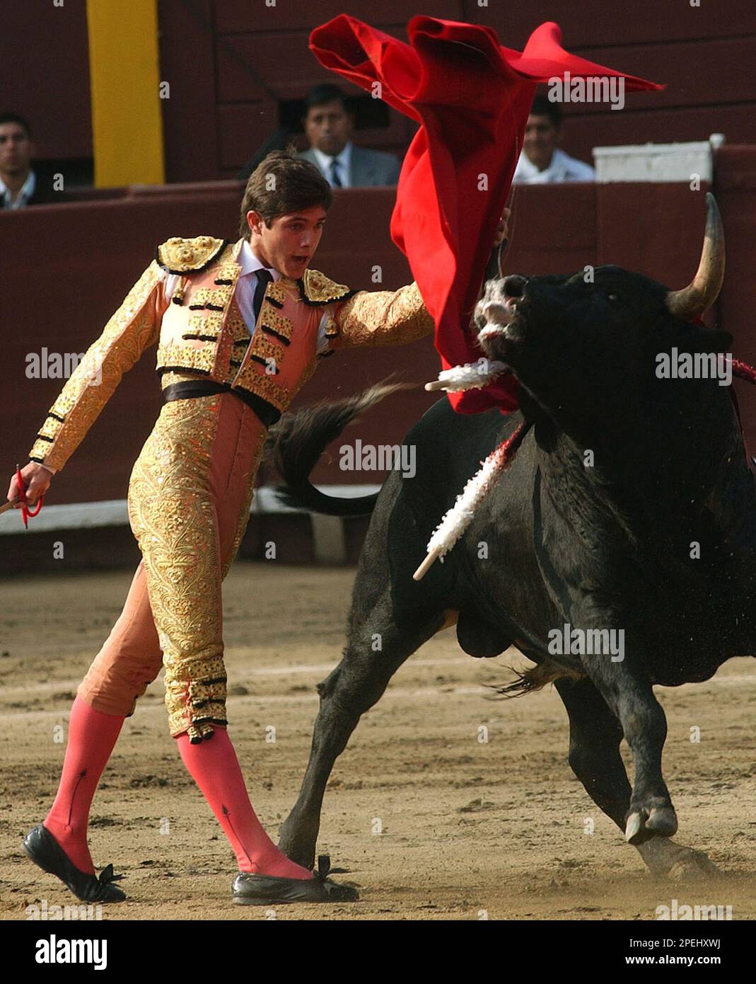 A bull passes by French bullfighter Sebastian Castella during the ...