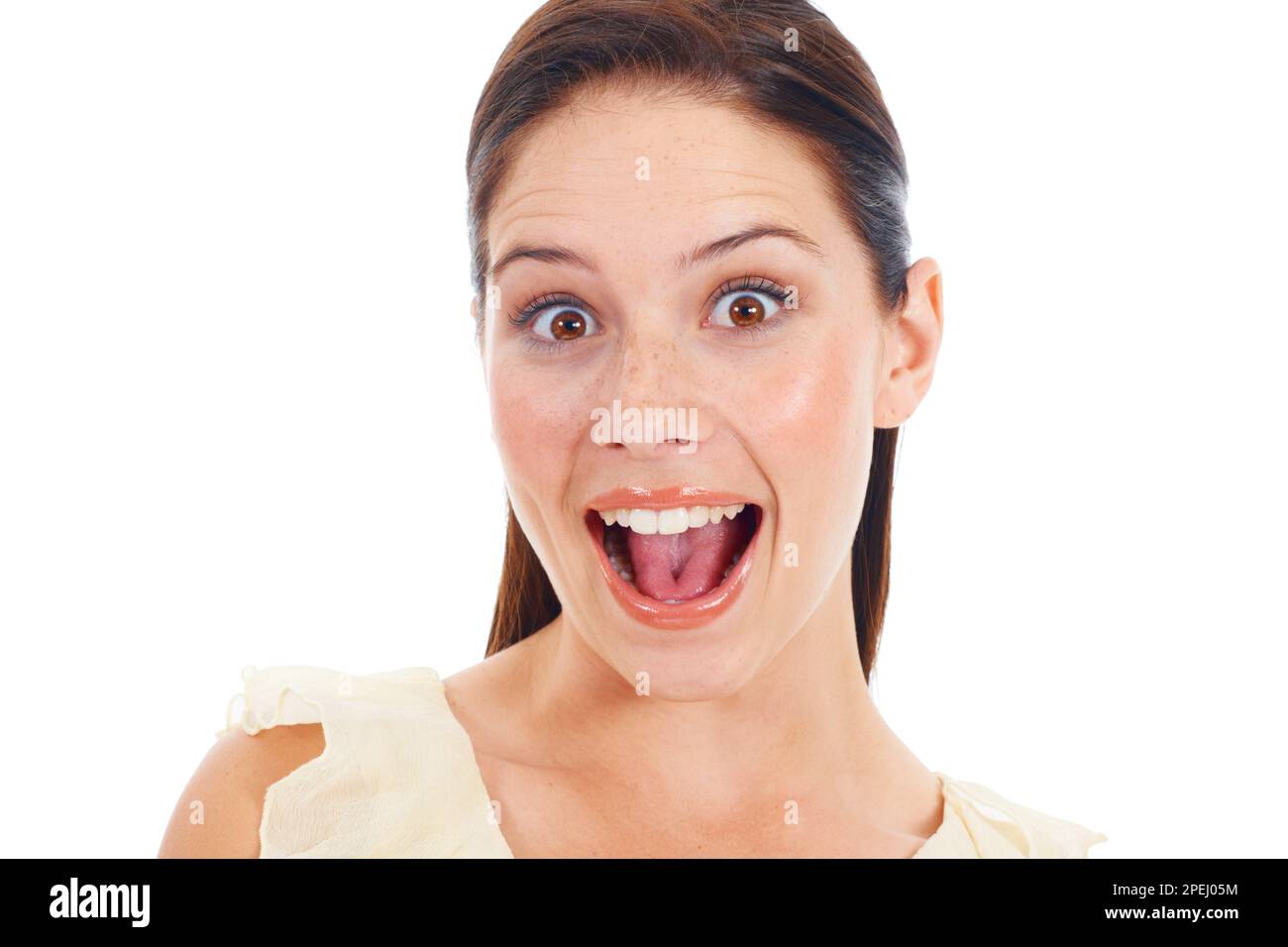 Surprise, its me. Excited young woman with a big smile on her face ...