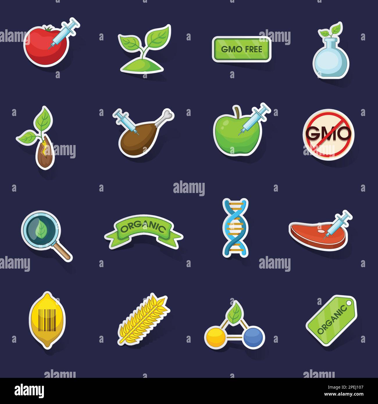 GMO goods set stikers collection vector with shadow on purple background Stock Vector Image ...