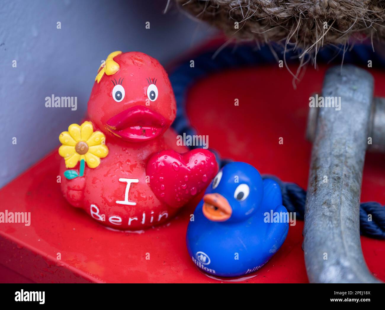 Berlin, Germany. 13th Mar, 2023. Two rubber ducks lie on board a ship ...